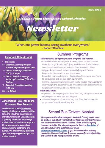 Galt Joint Union Elementary School District - Monthly Newsletter