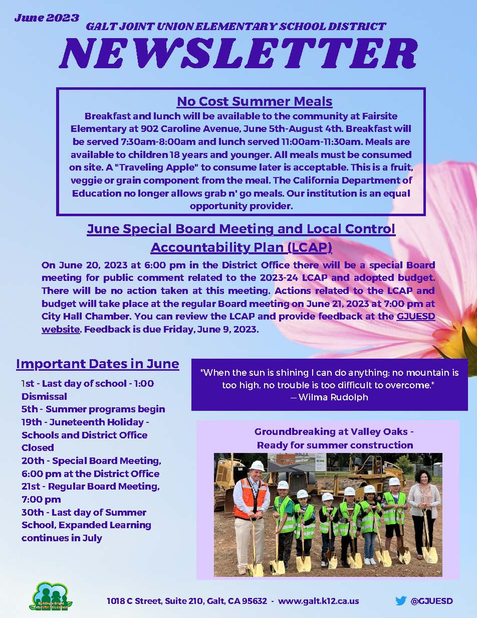 Galt Joint Union Elementary School District - Monthly Newsletter